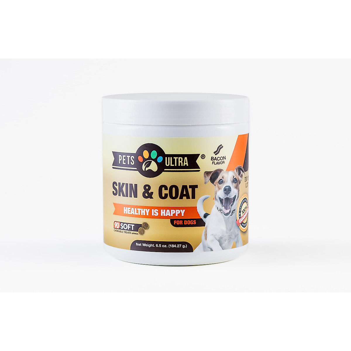 Pets Ultra Skin & Coat Supplement for Dogs 90 Shew Treats, Bacon Flavor, Flax Seed Oil Omega 3,6 and 9, Wild Alaska Salmon Oil,Biotin, Skin Allergy, Itch Relief, Hot Spots Treatment.