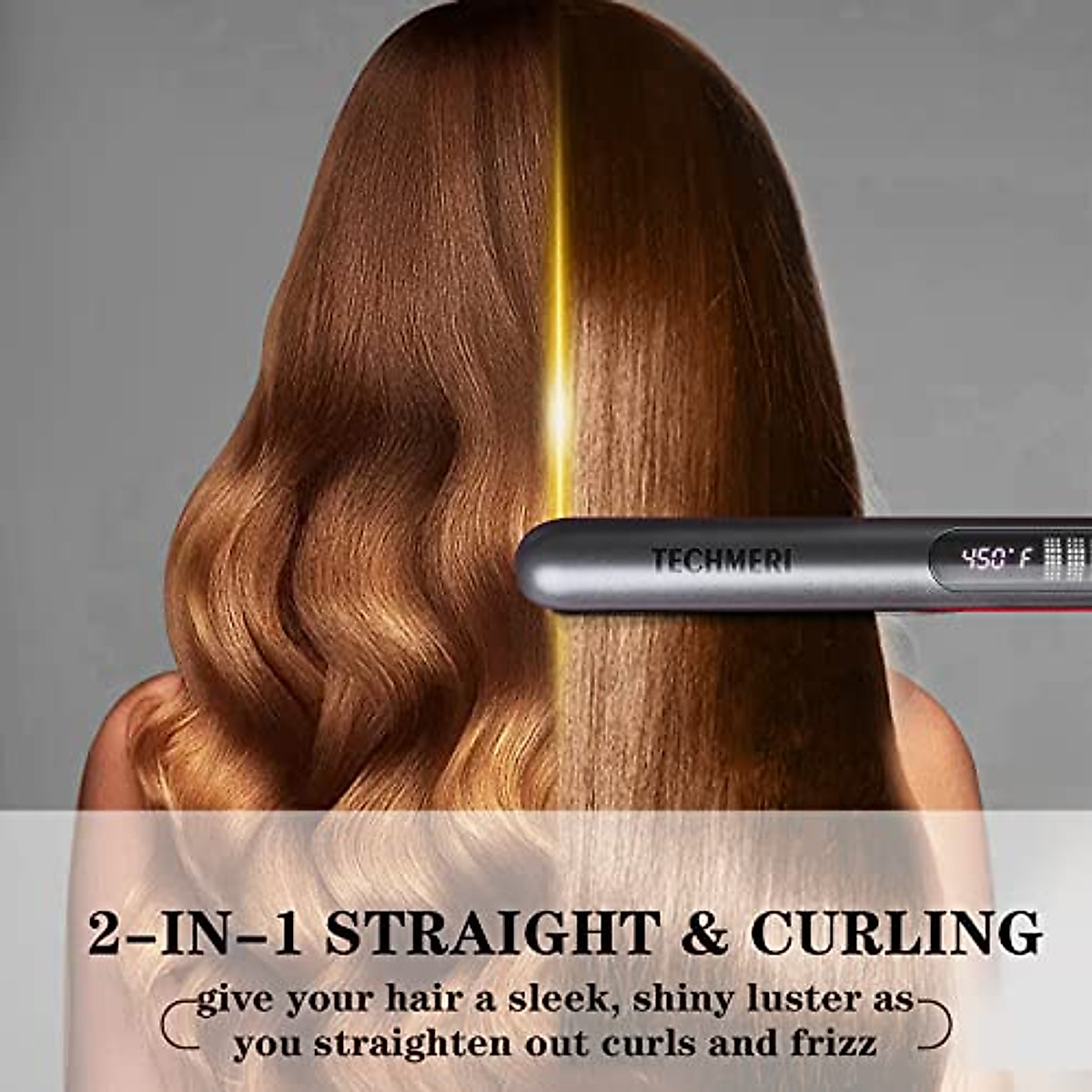 TECHMERI Hair Straightener and Curler 2 in 1, Flat Iron Hair Straightener with 5 Temp, Titanium Flat Iron with Dual Voltage, Temperature Memory