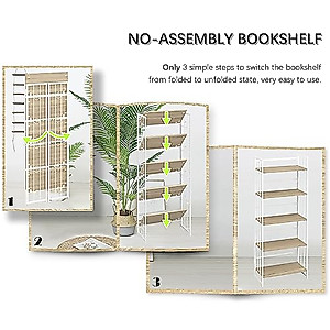4NM No-Assembly 5 Tiers Folding Bookshelf Storage Shelves Vintage Bookcase Standing Racks Study Organizer Home Office - Natural and White