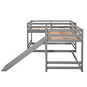L Shaped Bunk Bed for 4, Wooden Quad Bunk Bed with Slide, Full Over Full Bunk Bed with Twin Over Twin Bunk Bed Attached for Kids Girls Boys - Gray