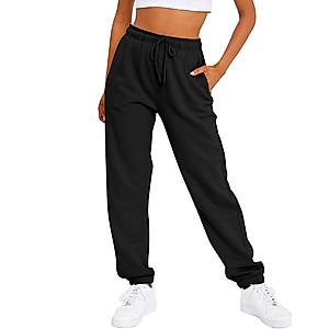 AUTOMET Womens Sweatpants Fleece Lined Fall Outfits Baggy High Waisted Straight Leg Sweat Pants 2025 Drawstring Winter Burnt Casual Athletic Lounge Joggers Black L