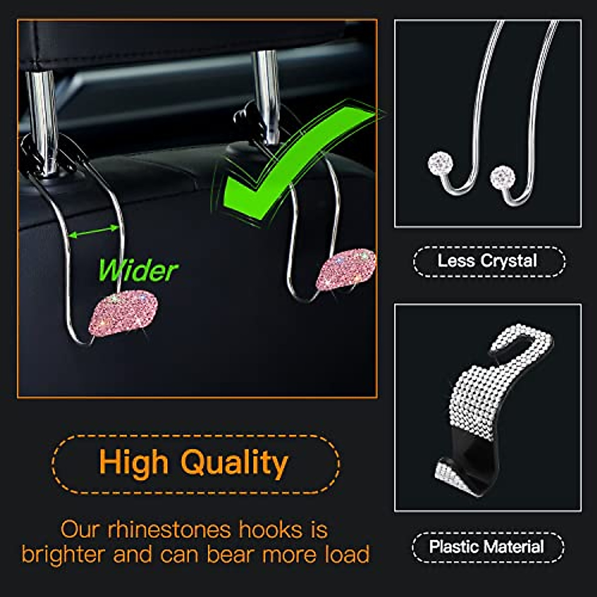 SAVORI Purse Holder for Car, Bling Car Headrest Hooks Organization Rhinestones Auto Back Seat Headrest Metal Hanger Organizer for Bags 2PCS (Pink)