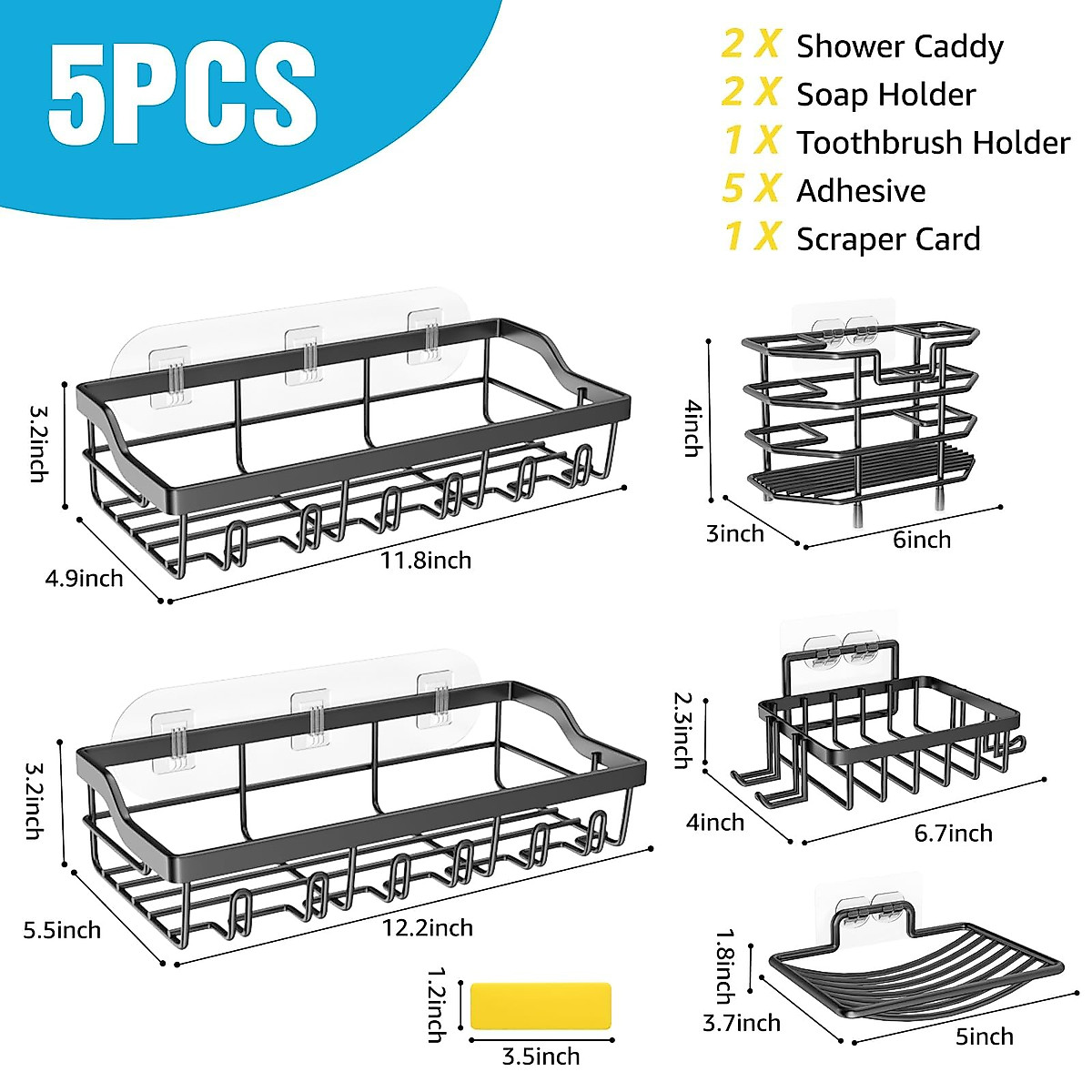 Hsiohe 5 Pack Shower Caddy, Adhesive Shower Organizer for Bathroom Storage, Rustproof Stainless Steel Shower Shelves, No Drilling Large Capacity Shower Rack Shelf for Inside Shower, Black