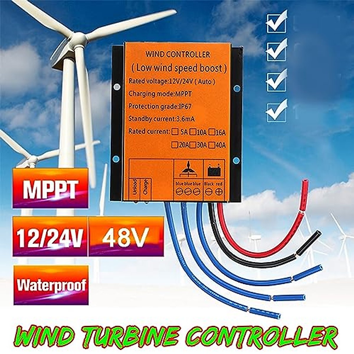 HUIZHITENGDA 8000W Waterproof Solarwind Turbine Controller,IP67 Waterproof DC 12V 24V 48V MPPT Charger Wind Turbine Controller for Wind Turbines and Water Turbines,12v