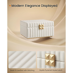 SONGMICS HOME ANAH Collection - 2-Tier Jewelry Box with Mirror, Jewelry Organizer, Removable Tray, PU Surface with Stitching, Floating Effect, 8.5 x 9.4 x 5.3 Inches, Christmas Gift, Cloud White