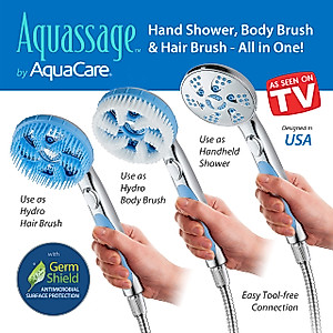 High Pressure 6-in-1 Aquassage by AquaCare - 76-mode 3-way Combo, Showerhead, Hand Shower, Body Brush, Hair Brush & Arm in One! Two Brackets, Extra-long 6 foot Stainless Steel Hose, Brush Head Holder