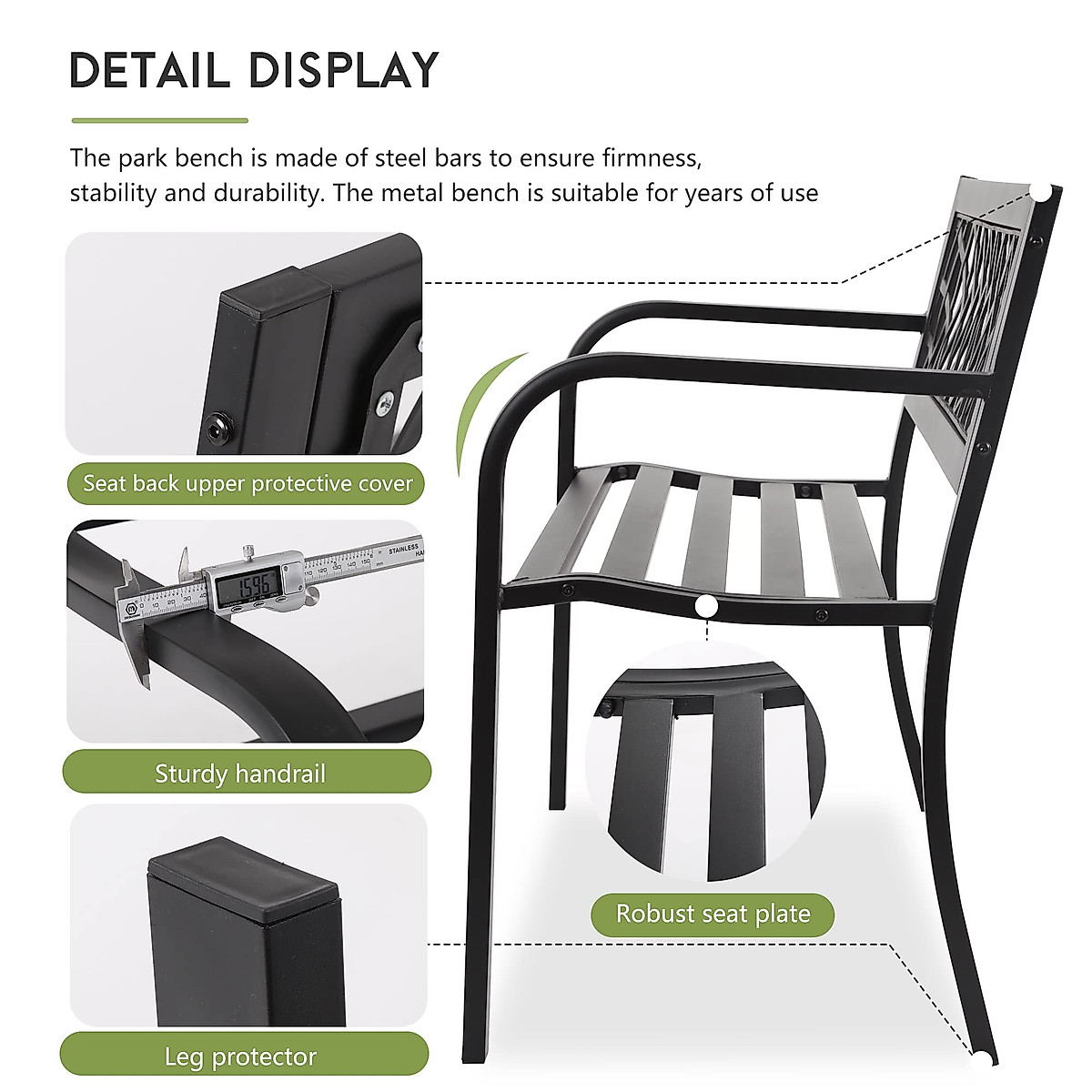 Ruesleag Garden Bench,Metal Outdoor Bench Park Bench with Plastic Mesh Backrest Armrests Sturdy Steel Frame for Patio Yard Porch Entryway Black