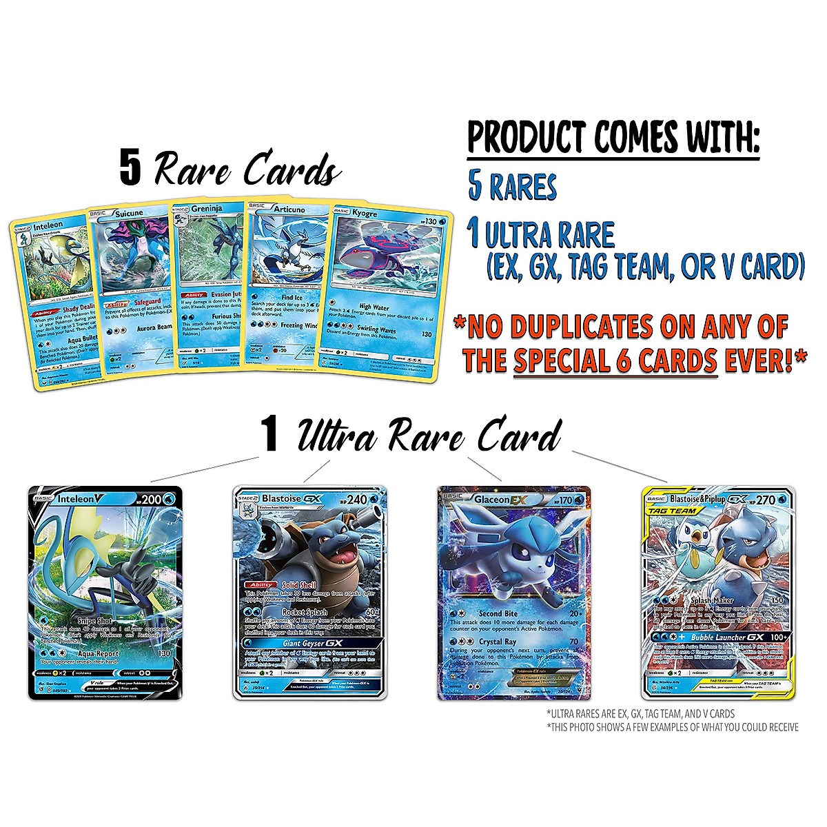 Lightning Card Collection Water Collection - 50 Assorted Cards Plus 5 Rare Water Cards and 1 Water Ultra-Rare Card with LCC Box Compatible with Pokemon Cards