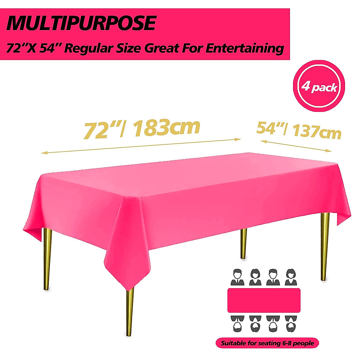 Hot Pink Plastic Table Cloth 4 Pack Disposable Plastic Table Cloth Party Table Cover Girls Party Table Clothes for Baby Shower Gender Reveal Birthday Party Decorations 54" X 72" (Hot Pink 4 Pack)