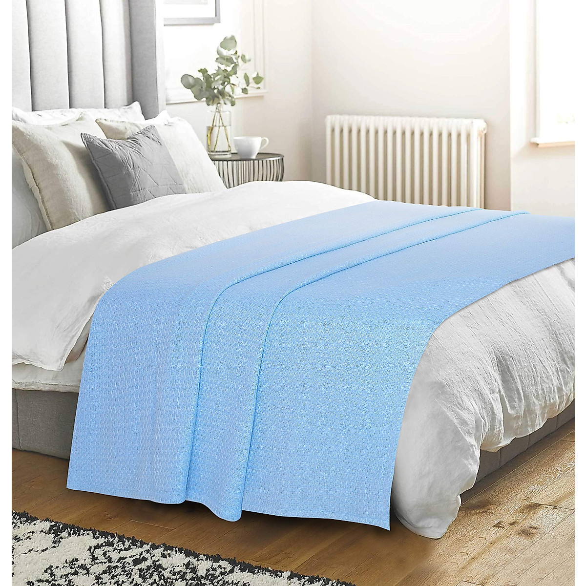 Elvana Home 100% Cotton Bed Blanket, Breathable Bed Blanket Twin Size, Cotton Thermal Blankets Twin, Perfect for Layering Any Bed for All Season, Light Blue