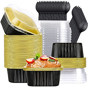 100 Pcs Cupcake Liners with Lids,5 oz Disposable Square Cupcake Pans with Plastic Aluminum Foil Mini Cake Pans for Dessert Bread for Party Wedding Birthday Kitchen (Silver,5 oz) (Black Gold,5 oz)