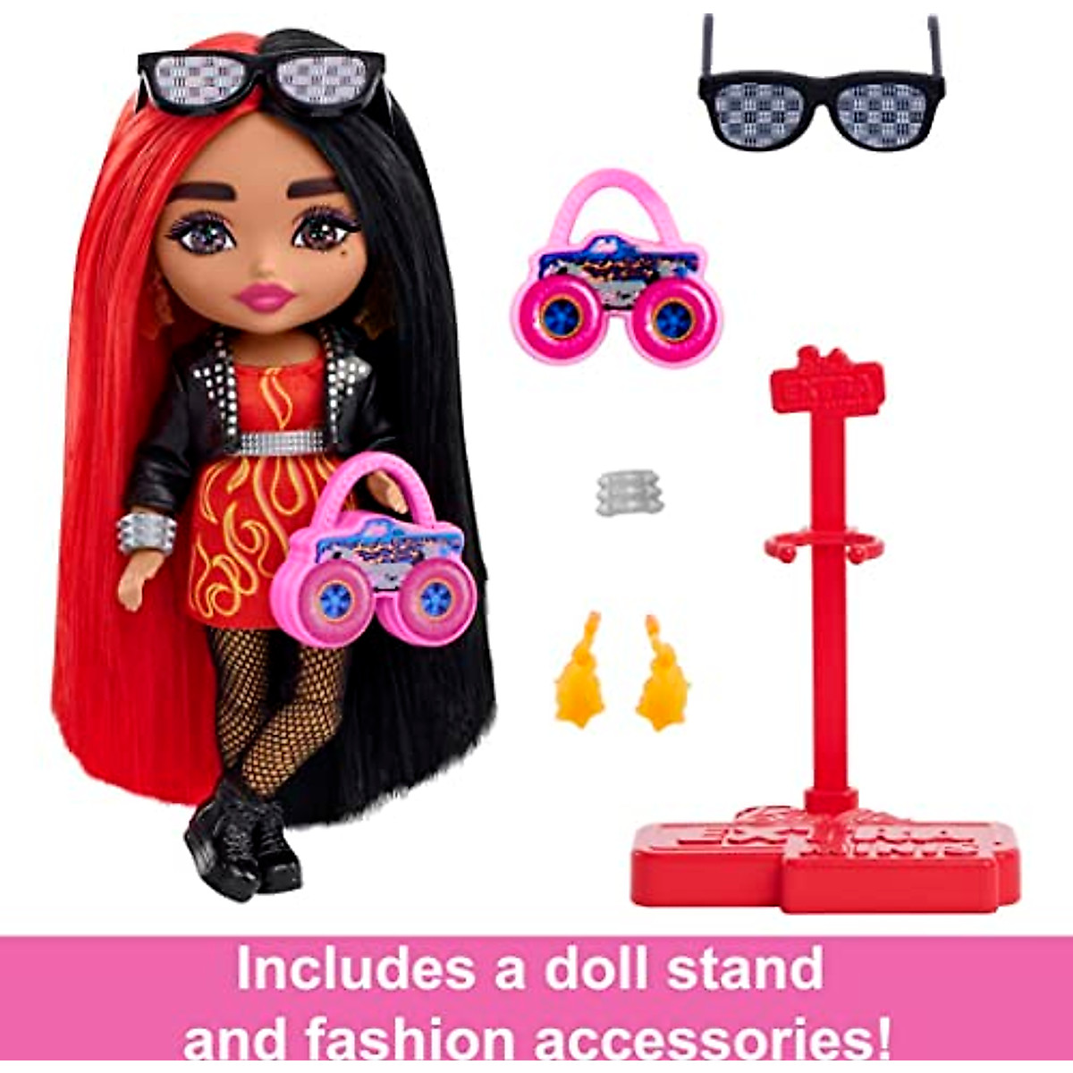 Barbie Extra Minis Doll & Accessories with Red & Black Hair, Toy Pieces Include Flame-Print Dress & Moto Jacket
