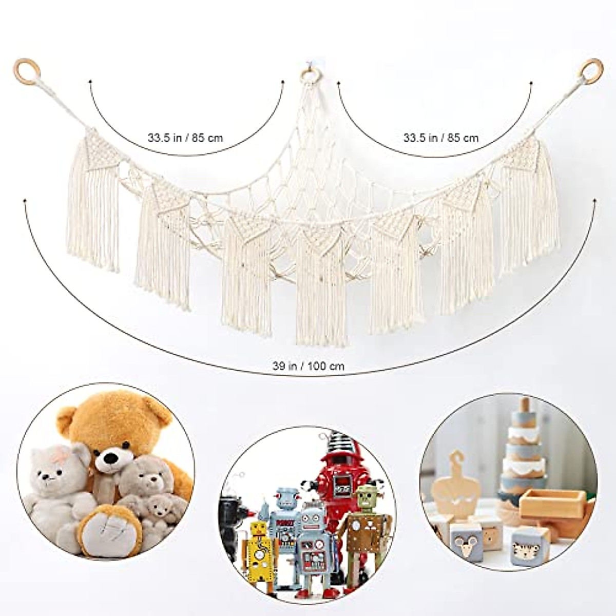Dremisland Stuffed Animal Toy Hammock with Fairy Lights Macrame Boho Plush Toy Net Hammock with Tassels-Stuff Animals Organizer Storage Corner Plush Toys Net Holder for Nursery Play Room, Kids Bedroom