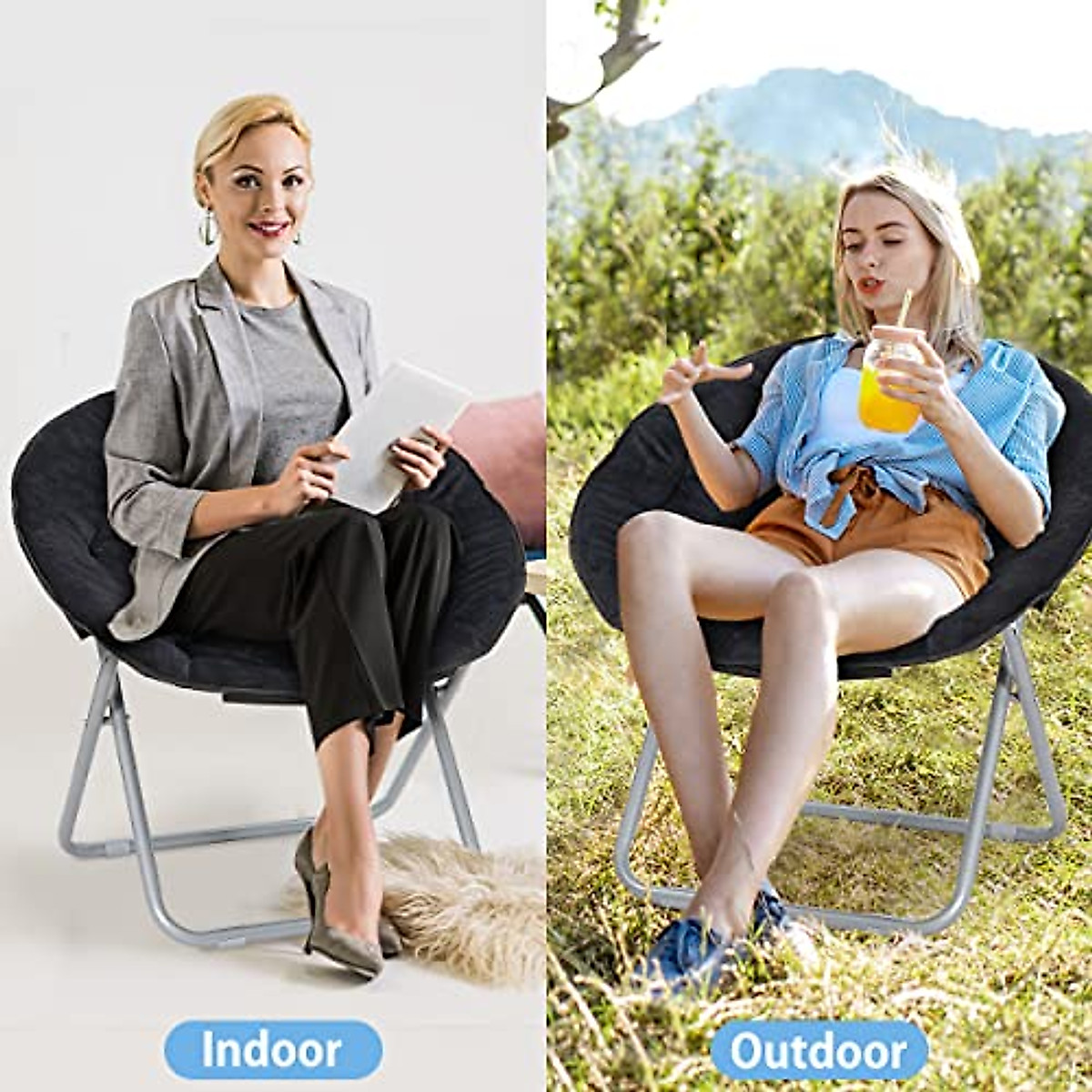 ZenStyle Set of 2 Faux Fur Saucer Chairs, Folding Chair Soft Lounge Chair, Portable Moon Chair for Bedroom, Dorm Rooms, Apartments, Lounging, Garden and Courtyard, Black