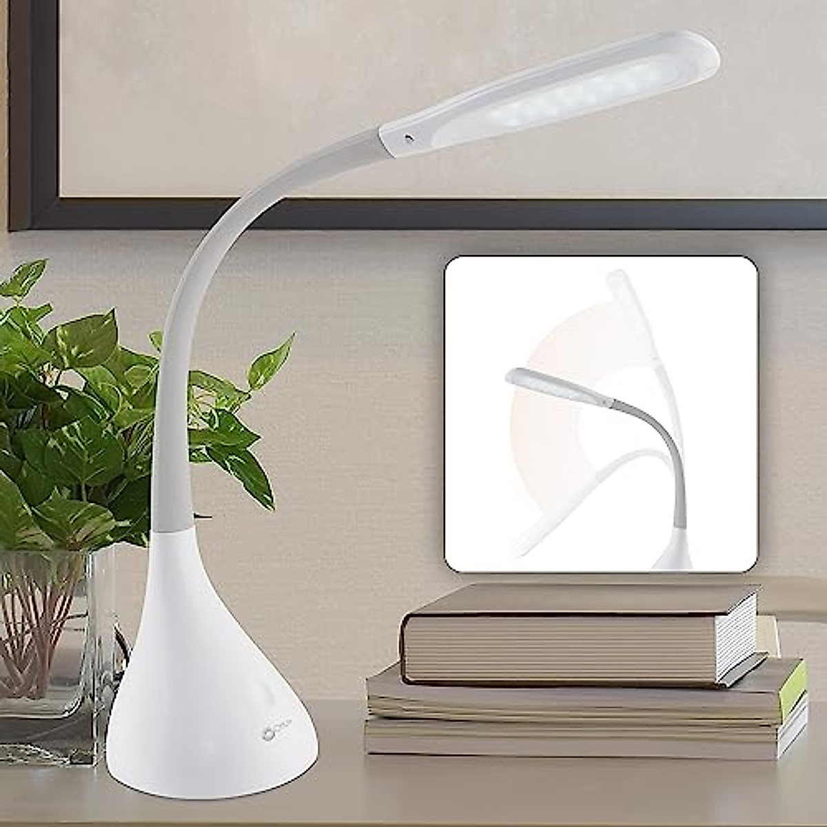 OttLite LED Desk Lamp with Adjustable Neck, Creative Curves (White/Grey) - 2.1A USB Charging Port, 4 Dimmable Brightness Settings, Energy-Efficient Natural Daylight LEDs for Home, Office & Dorm