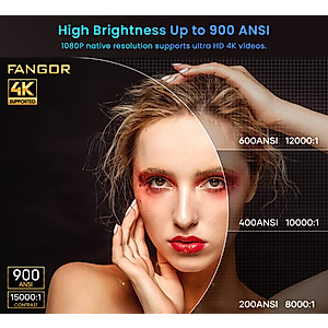FANGOR 4K Supported Projector with 5G WiFi and Bluetooth - HD 900 ANSI 1080P Native Projector for Outdoor Movies, Home Video Projector with 4P Keystone 50% Zoom Supports TV Stick/Roku/Laptop/Phone