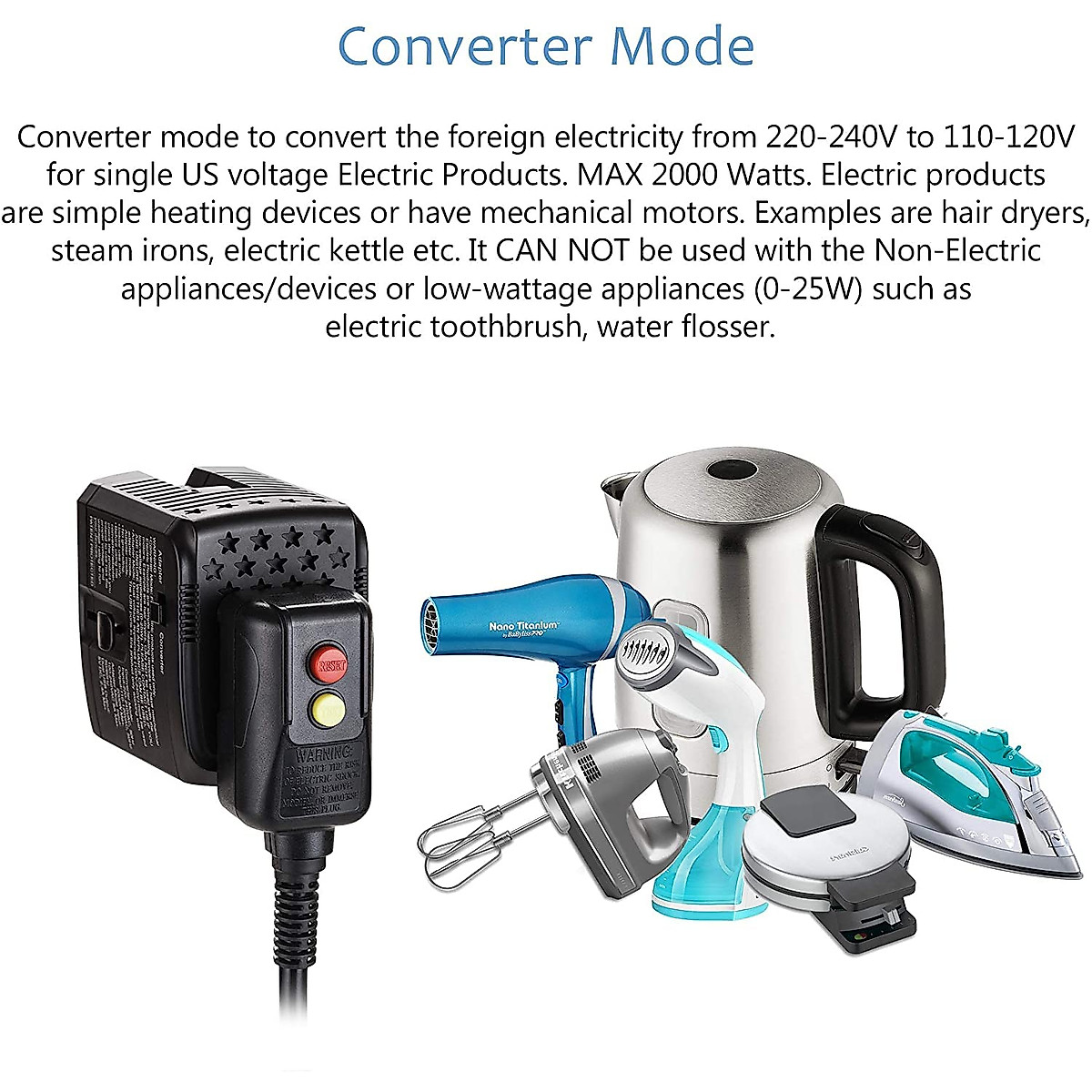 2000Watt All in One Step Down Voltage Converter 220V to 110V for Hair Dryer Steam Iron Cell Phone Laptop, Travel Plug Adapter Dual USB Combo US to Europe Israel UK Italy Spain Asia Over 160 Countries