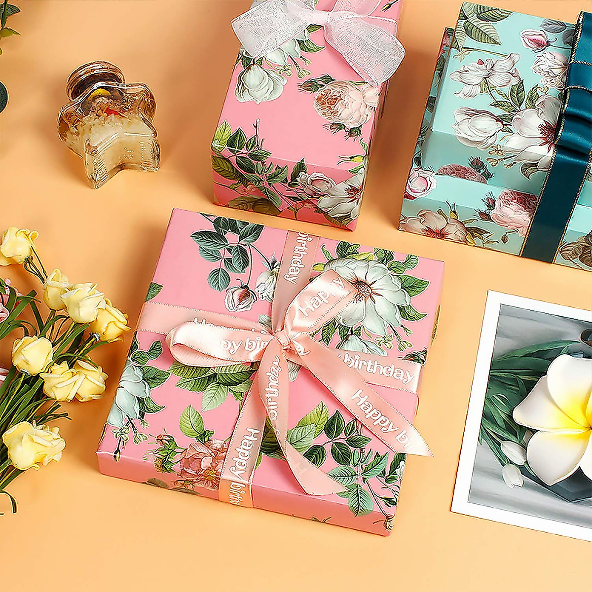 PLULON 6 Sheets Floral Birthday Gift Wrapping Paper, Wrapping Paper for Wedding, Birthdays, Valentines, Christmas