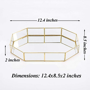 Decorative Metal Mirror Catchall Tray, Glass Vanity Tray, Dresser Tray, Jewelry Display Tray, Vanity Organizer for Accent Table, Gold Leaf Finish, 12.4x8.5x2 inches (Polygon)