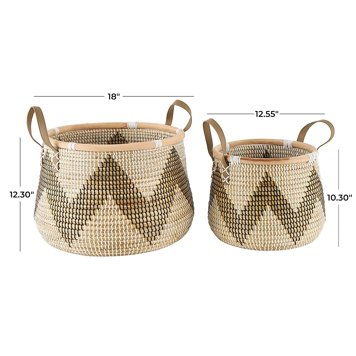 Deco 79 Seagrass Handmade Zigzag Patterned Storage Basket with Black and White Plastic Weaving and Leather Handles, Set of 2 18", 13" W, Brown