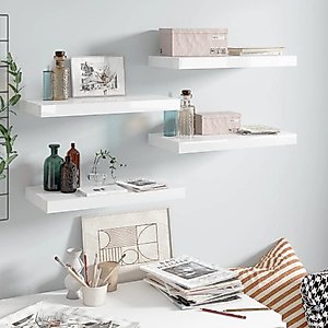 QZZCED Floating Wall Shelves 4 pcs,Wall Shelves for Bedroom,Bookshelf Wall,Shelves for Wall Decor,Shelf Storage,Shelves for Bathroom,for Kitchen, Bathroom,Living Room, Bedroom, High Gloss White MDF
