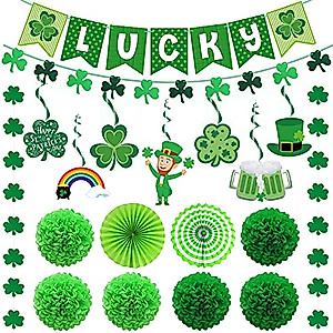 St Patricks Day Decorations, St Patricks day decor Set with 1 Lucky Banner, 1 Felt Shamrock Garland, 14 Swirl Strings, 4 Glitter Shamrock Strings, 6 Tissue Pom Poms, 2 Paper Fans for Party Supplies