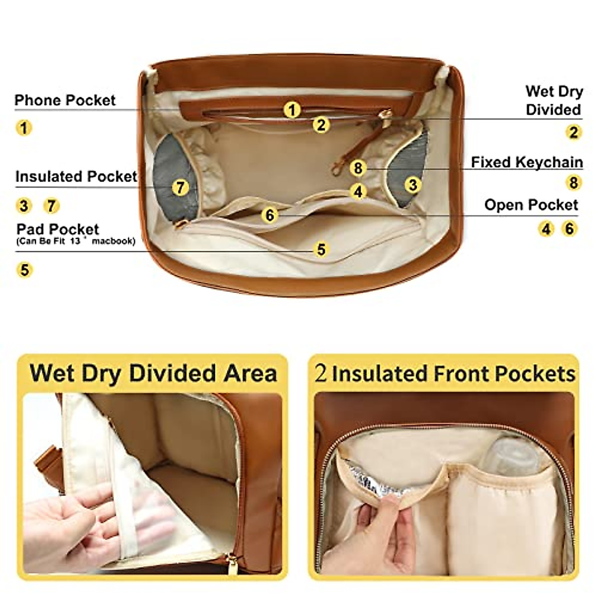 miss fong Diaper Bag Backpack Baby Diaper Bag for baby boy and girls, Leather Baby Bag with 13 diaper bag organizing pouches, Changing Pad, Stroller Straps and 4 Insulated Pockets(Brown)