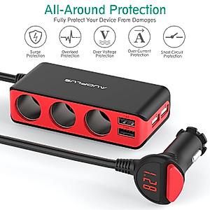 AUOPLUS 120W 3 Socket Cigarette Lighter Splitter Car Charger Adapter, LED Voltage Display Dual 4 USB Chargers(6.8A), Car Charger On/Off Switches 12V for iPhone iPad Samsung GPS Dashcam