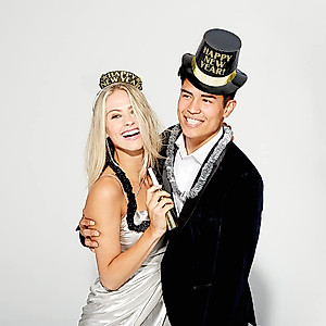 amscan Midnight Elegance Black, Gold and Silver 2025 New Year's Eve Party Decorations Supplies for 10, Includes Top Hats and Tiaras