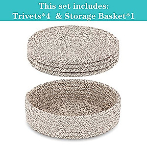 Trivets for Hot Dishes, Trivets for Hot Pots and Pans, Hot Pads for Countertops, Coasters 4 Pcs and Storage Basket 1 Pack, Pot Holders for Kitchen, Cotton Hot Mats Cooking Pad Protect Table (Brown)