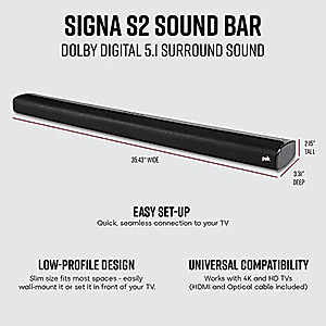 Polk Audio Signa S2 Ultra-Slim TV Sound Bar | Works with 4K & HD TVs | Wireless Subwoofer | Includes HDMI & Optical Cables | Bluetooth Enabled, Black