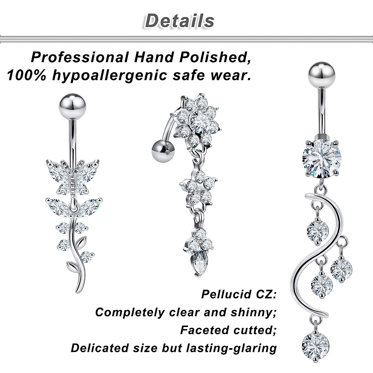 Ocptiy 14G Belly Button Ring for Womne Surgical Stainless Steel Curved Silver Dangle Butterfly Hypoallergenic Dangle Cute Navel Belly Rings Barbell Bar Hoop Body Piercing Jewelry for Women 10mm