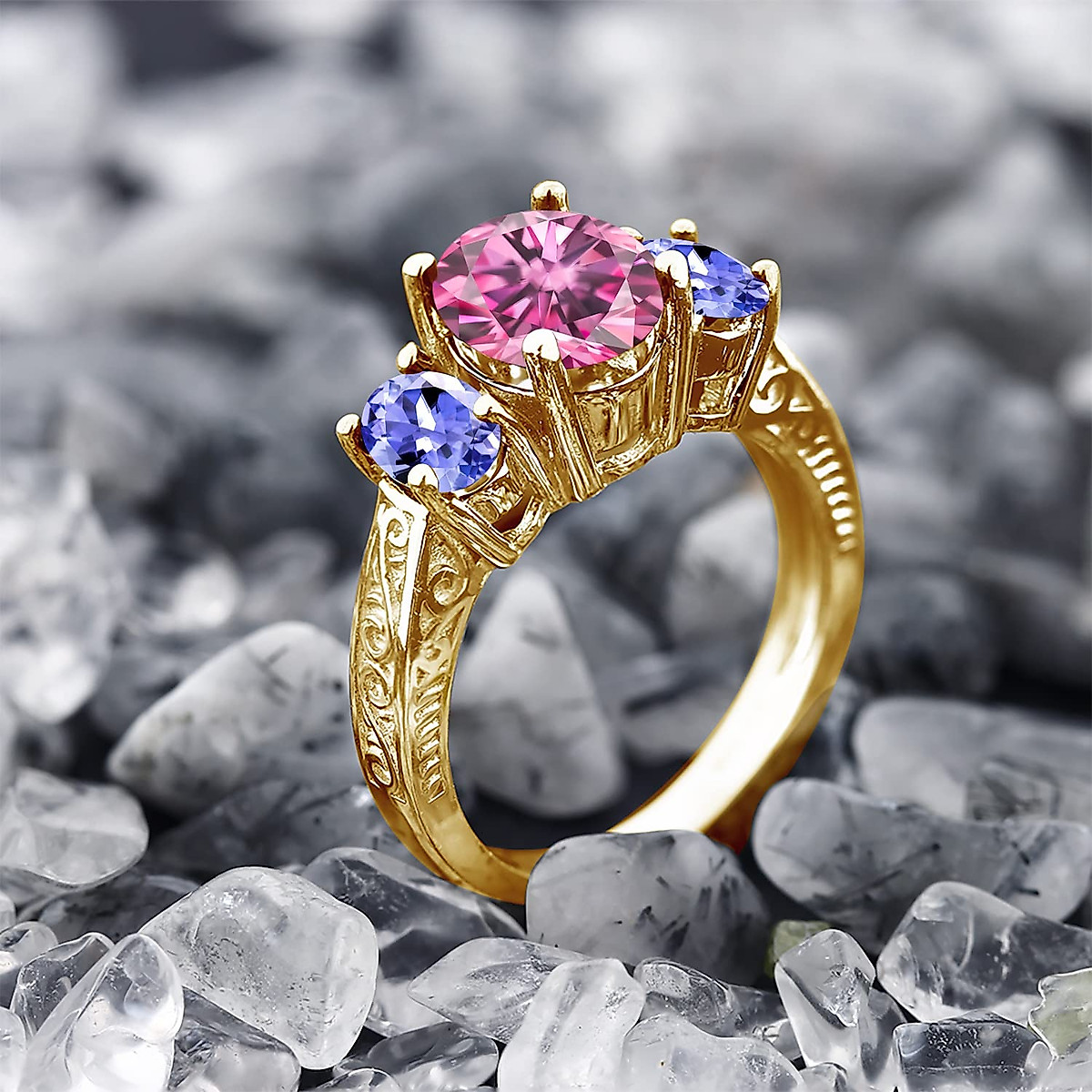 Gem Stone King 18K Yellow Gold Plated Silver 3-Stone Ring Oval Pink Moissanite and Tanzanite Blue (2.90 Cttw) (Size 7)