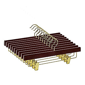 HUMIA 28 Pack Walnut Wooden Pants Hangers with Gold Hook, Solid Wood Skirt Hanger Trousers Bottom Hangers with 2 Adjustable Gold Clips, Clothes Hanger for Jeans, Shorts, Slacks (Walnut, 28)