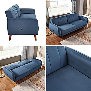 PEFEK Futon Sofa Bed Sleeper Loveseat Convertible Couch for Living Room with USB Charging, Modern Velvet Teal Love Seat Sofá Couch, Sofa Cama para Sala Muebles, Navy