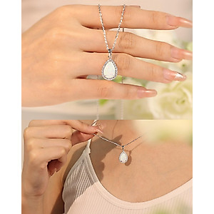 FANCIME Sterling Silver Opal Necklace White Fire Opal Halo Waterdrop Teardrop Pear Shape Opal Pendant October Birthstone Necklace Jewelry for Women 16”+2”