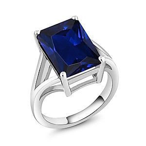 Gem Stone King 10.00 Cttw Blue Created Sapphire Solitaire Ring For Women In 925 Sterling Silver | Emerald Cut 14X10MM | Available In Size 5, 6, 7, 8, 9