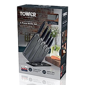 Tower Kitchen Stainless Steel Blades and Acrylic Stand, 5-Piece Knife Set, Black Damascus Effect