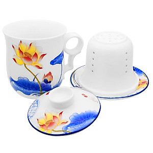 Ameolela Porcelain Tea Cup with Infuser Lid and Saucer Sets - Chinese Jingdezhen Ceramics Coffee Mug Teacup Loose Leaf Tea Brewing System for Home Office