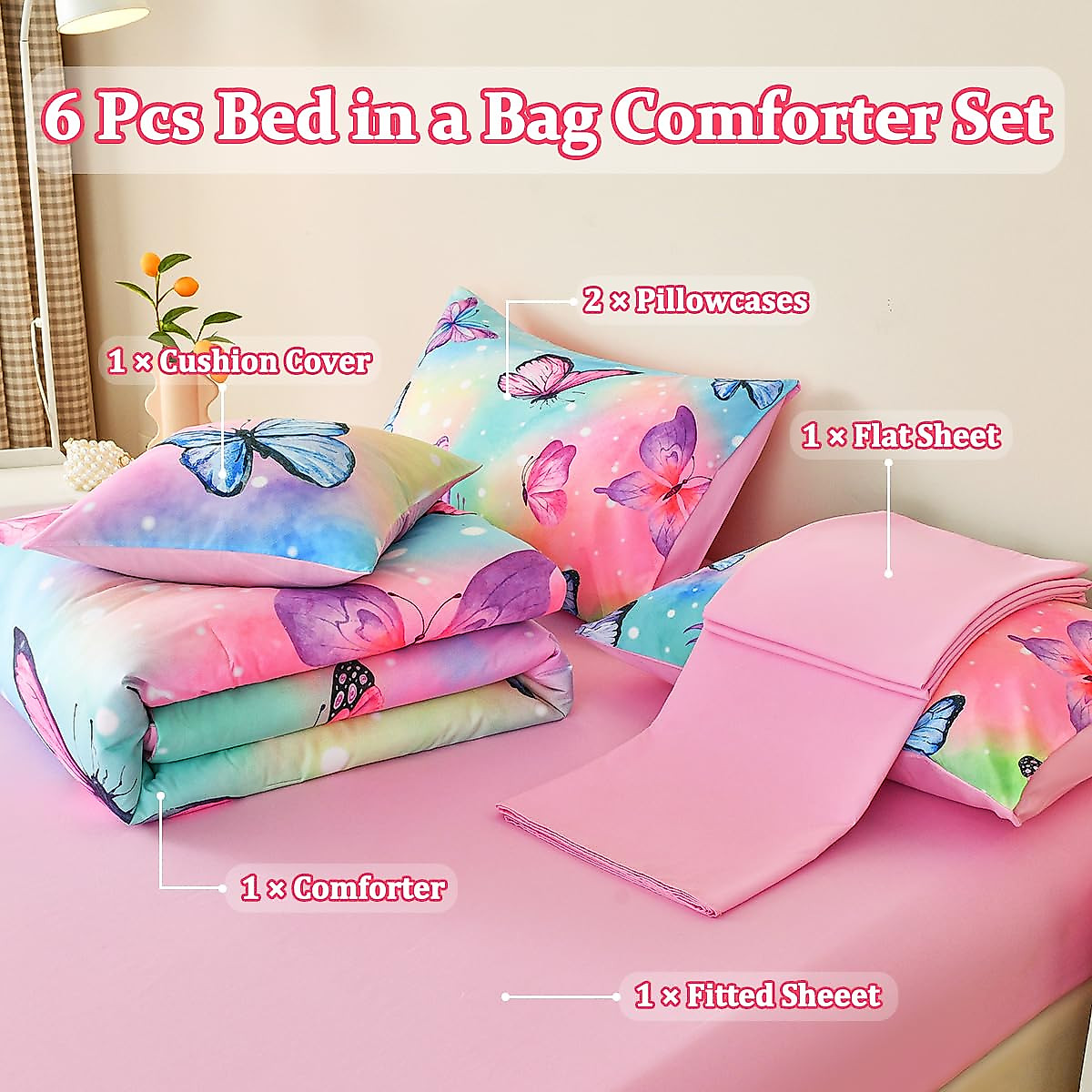 Tasselily Butterfly Bedding Set Full, Pink Butterfly Comforter Set for Girls Kids Teens 6 pcs Bed in a Bag Full Bedding Sets for Girls