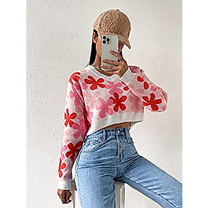 Floerns Women's Casual Rib Knit Long Sleeve V Neck Floral Pattern Drop Shoulder Crop Sweater Top Pink S