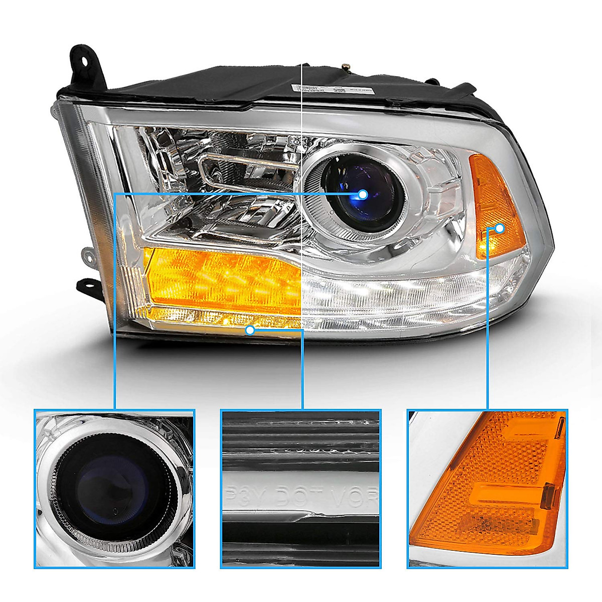AmeriLite Halogen, led, Projector Car Headlights For 2009-2018 Dodge Ram 1500 2500 3500 Tube Switchback White & Amber Parking Turn Signal, Vehicle Light Assembly, Chrome With Switchback LED