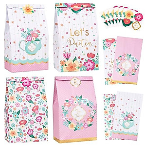 DECORLIFE 24PCS Tea Party Favor Bags, 4 Styles, Tea Party Candy Bags for Girls, Women, Kids, Perfect for Birthday Party, Stickers Included