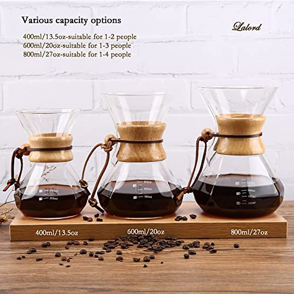 Lalord Pour Over Coffee Maker with Reusable Stainless Steel Filter, 20 oz Borosilicate Glass Coffee Carafe, Wooden Collar, Coffee Dripper Brewer, Hold 3 Cups, 600ml
