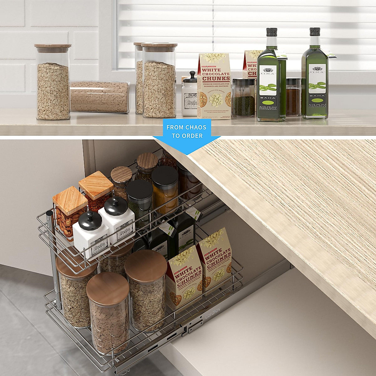 Coralov Pull Out Cabinet Organizer, 9 INCH Under Sink Slide Out Storage Shelf with 2 Tier Sliding Wire Drawer