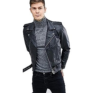 Lishow Fashion Men's Biker Rider Motorcycle Motorbike Rocker Retro Genuine Cowhide Leather jacket By Reclaimed Vintage (US, Alpha, Small, Regular, Regular, Black)