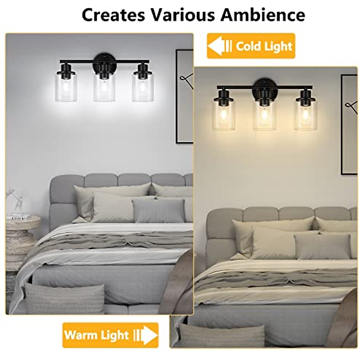 Licperron 3-Light Bathroom Wall Light Fixtures, Black Vanity Light with Clear Glass Shade, Modern Bathroom Vanity Light Over Mirror, Farmhouse Wall Sconces Lighting for Bedroom Hallway Living Room