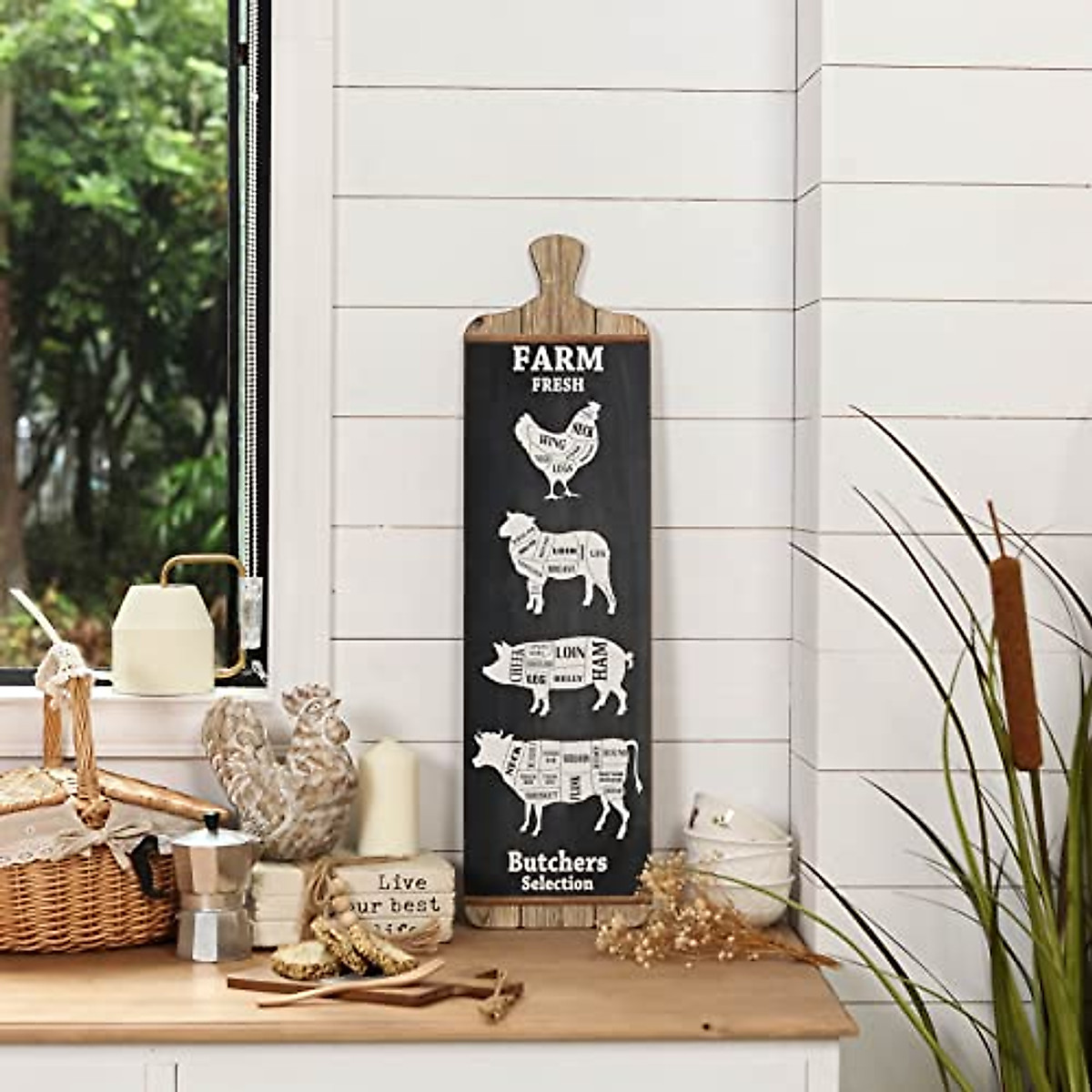 NIKKY HOME Farmhouse Wall Decor Farm Fresh Butcher Shop Meat Cuts Prints Butchers Selection Chart Guide Diagram Beef Pork Chicken Cuts Restaurant Plaque Sign