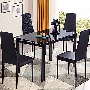 Recaceik 5 Pieces Modern Dining Table Set for 4, Rectangle Glass Table and 4 PU Leather Kitchen Dining Room Chairs with Metal Frames, Dining Room Table and Chairs Set, Easy to Clean & Assemble