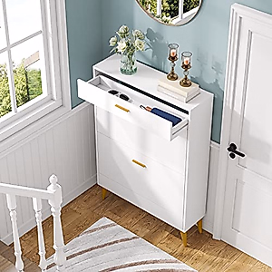 Tribesigns Shoe Cabinet, White Slim Shoe Storage Cabinet for Entryway, Modern 16 Pair Thin Shoe Rack Organizer with 2 Flip Drawers